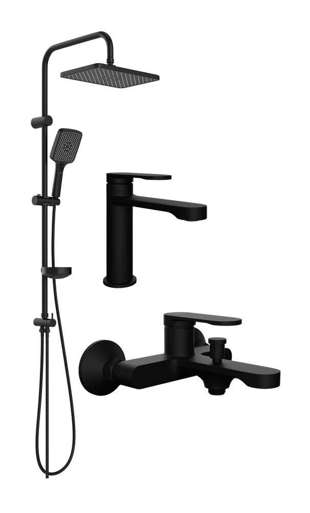 Комплект для ванной Смеситель STWORKI Ноттвиль S34010BK черный / Стойка Колдинг S32180BK матовая черная / Смеситель S34100BK матовый черный