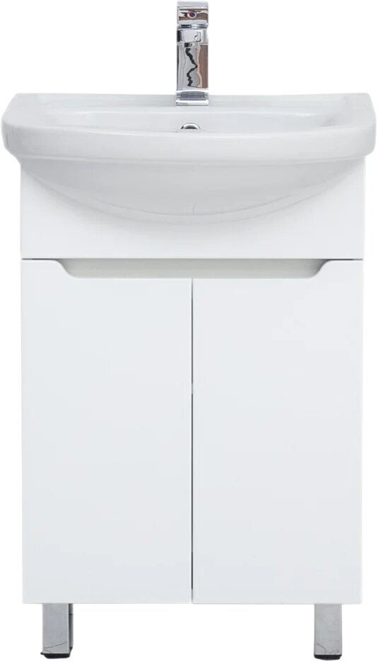 Тумба с раковиной SanStar Лайн 60 61, 5 см, белая, глянцевая, из МДФ, с дверками, раковина для ванной, фарфоровая, полукруглая, встроенный слив-перелив