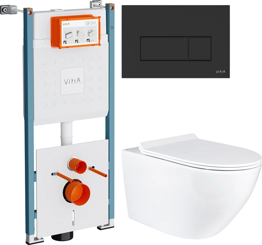 Комплект 3 в 1 Унитаз подвесной BOND Oval F01-10Long / Инсталляция VitrA V-Fix Core 732-5800-01PV / Кнопка Root Square 740-2311 цвет матовый черный