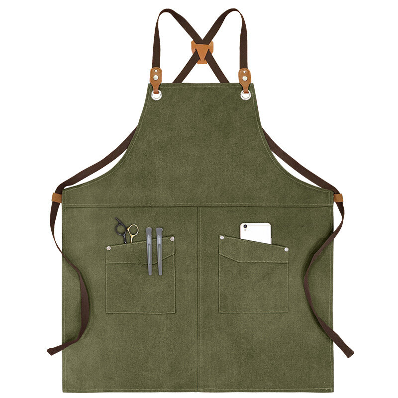 Прочный брезентовый фартук с перекрещивающимися сзади лямками для мужчин и женщин, фартуки с несколькими карманами для бариста, официантов, поваров, рабочая одежда с логотипом на заказ для использования в кафе, пекарне или ресторане