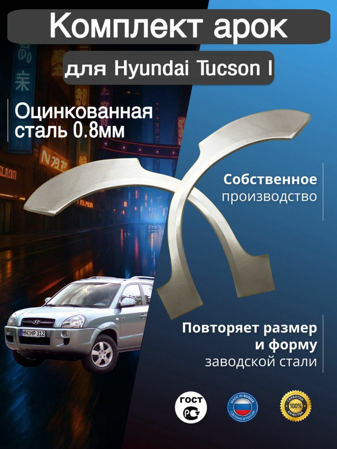 Арки ремонтные задние комплект (правая + левая) для автомобиля Hyundai Tucson 1, Хендай Туксон 1 поколение, 2004-2011г, оцинкованная сталь 0.8 мм