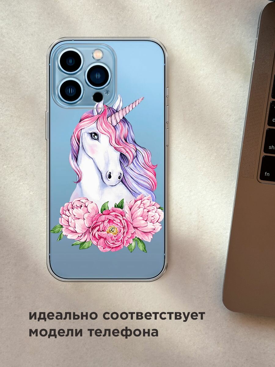 Чехол на Apple iPhone 13 Pro / Айфон 13 Про с принтом "Единорог с пионами", прозрачный — фото 1