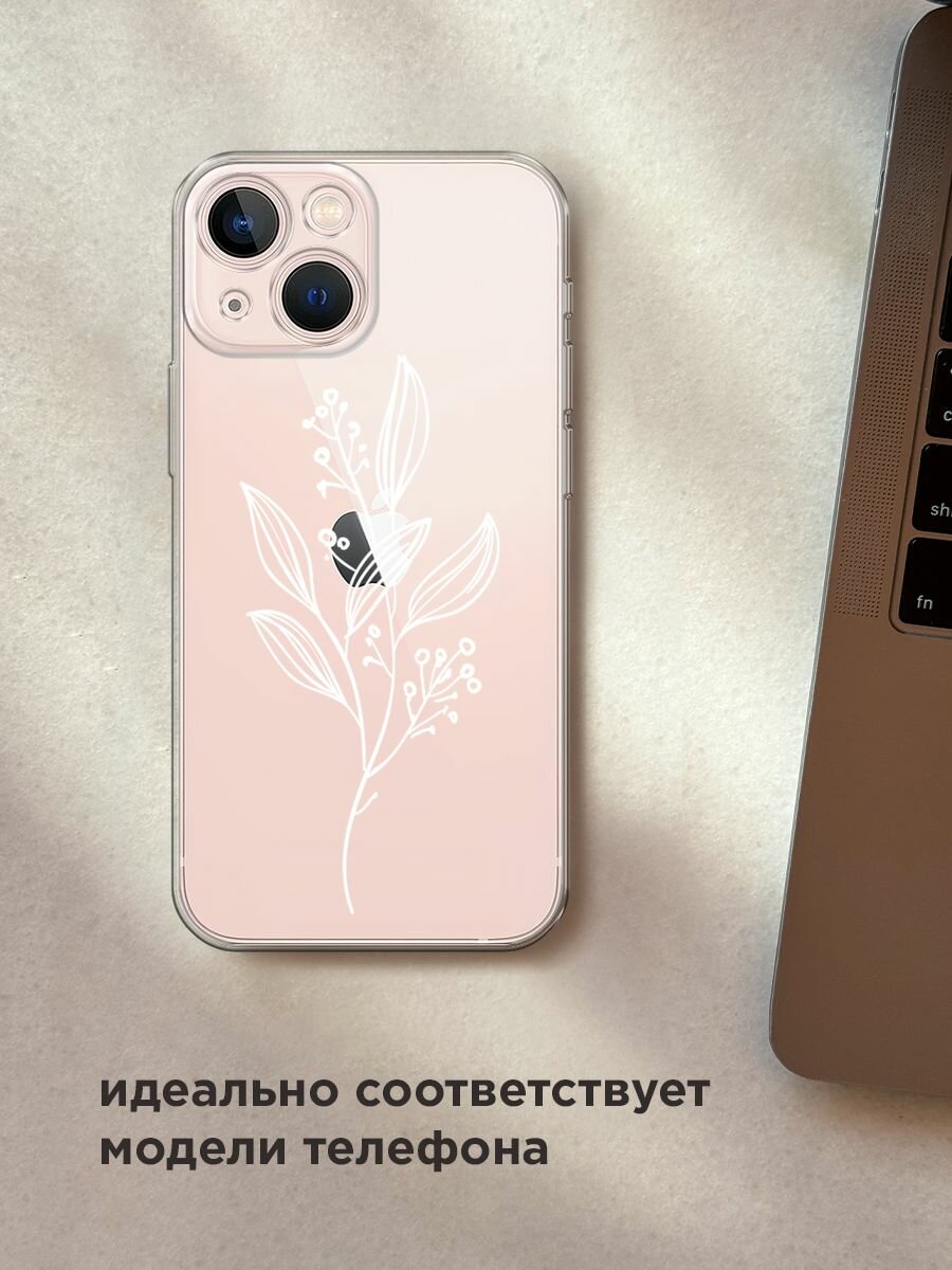 Чехол на Apple iPhone 13 mini / Айфон 13 мини с принтом "Ветка с листочками и цветами", прозрачный — фото 1