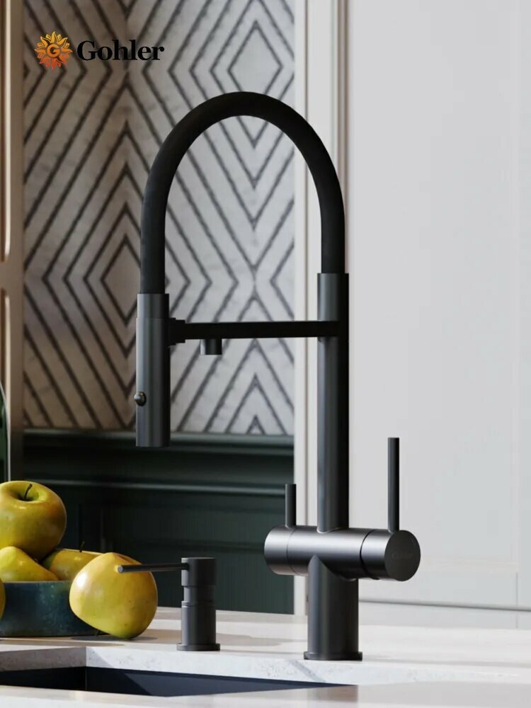 Смеситель для кухни с гибким изливом и краном под фильтр для питьевой воды Gohler G4204B черный
