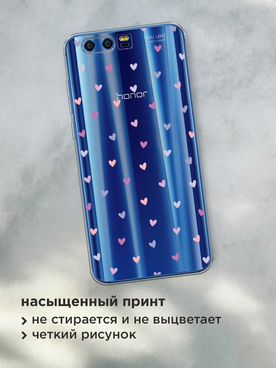 Чехол на Honor 9 / Хонор 9 с принтом "Пастельные сиреневые сердечки", прозрачный — фото 1