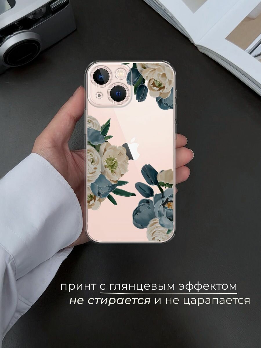 Чехол на Apple iPhone 13 mini / Айфон 13 мини с принтом "Бежевые и голубые бутоны" — фото 1