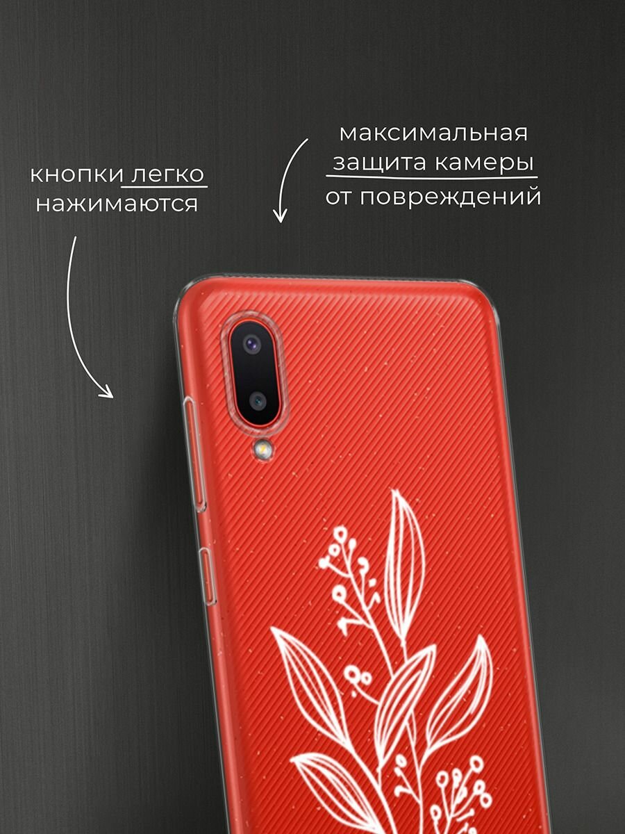 Чехол на Samsung Galaxy A02 / Самсунг Галакси А02 с принтом "Ветка с листочками и цветами", прозрачный — фото 1