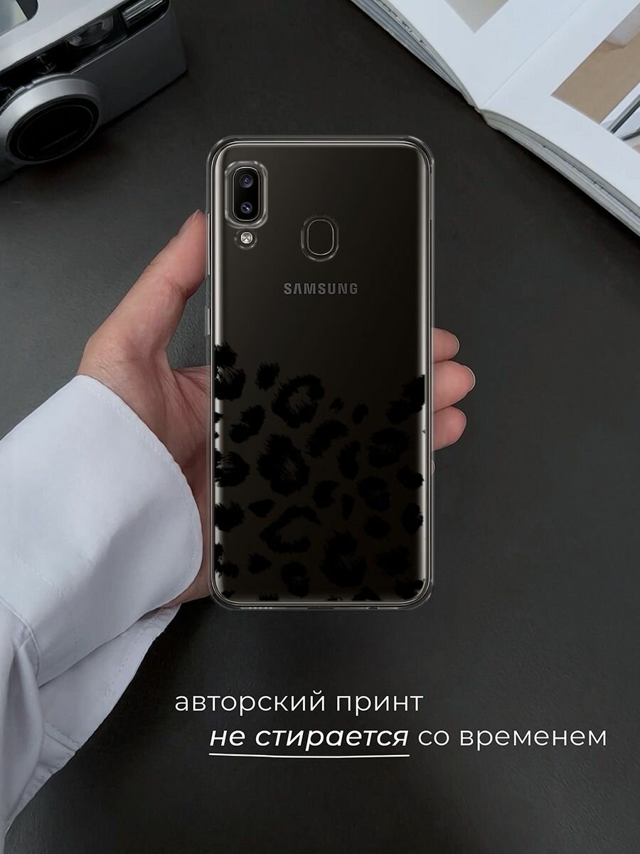 Чехол на Samsung Galaxy A30/A20 / Самсунг Галакси A30/A20 с принтом "Окрас леопарда фон черный", прозрачный — фото 1