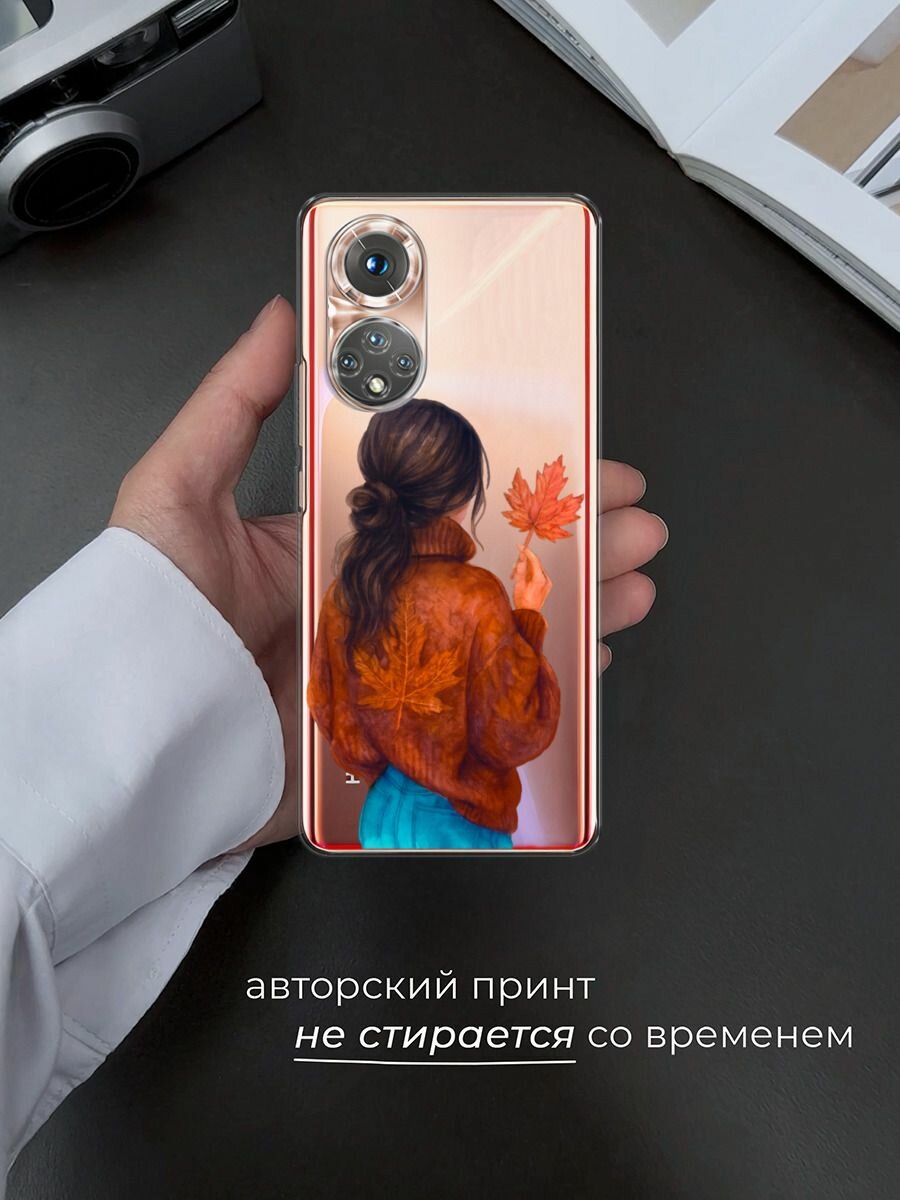 Чехол на Honor 50/Huawei Nova 9 / Хонор 50/Хуавей Нова 9 с принтом "Девушка с опавшим листом", прозрачный — фото 1
