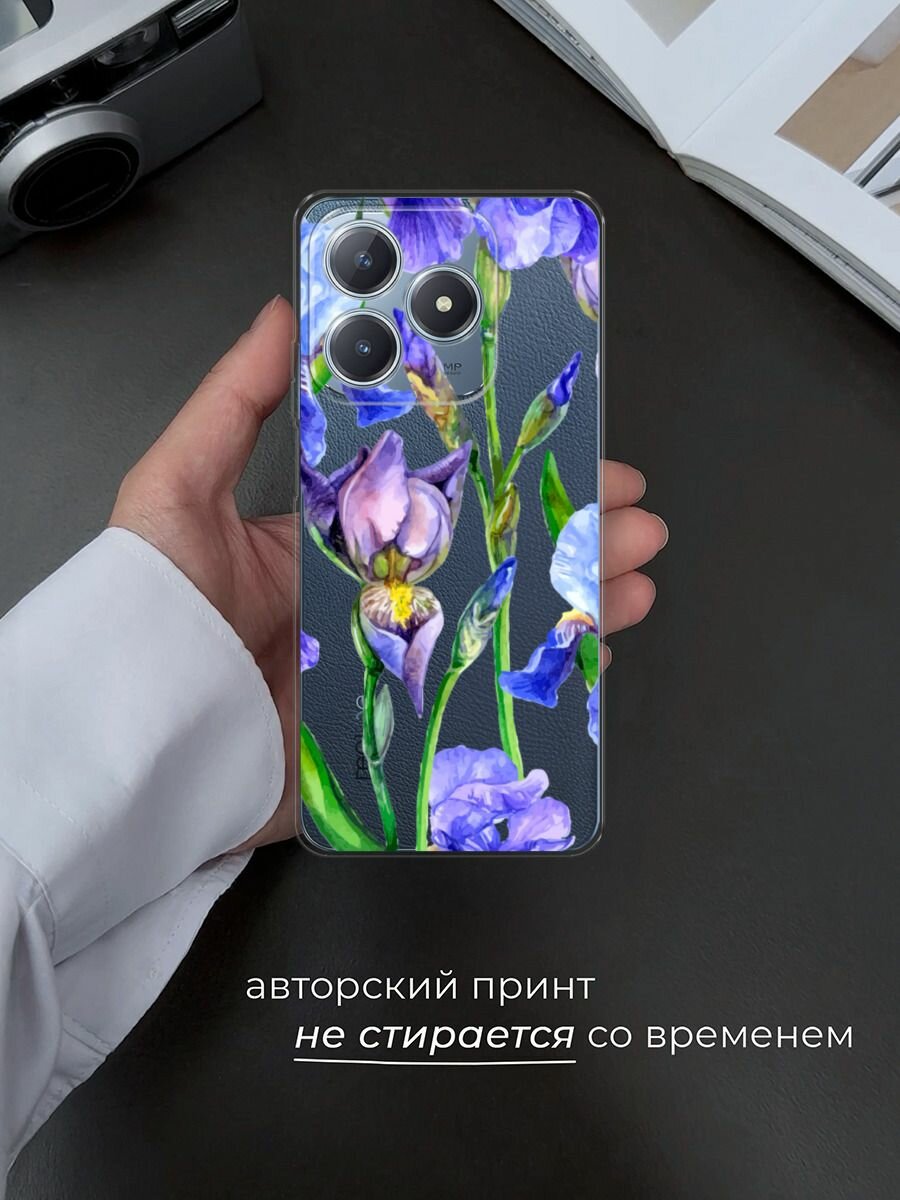 Чехол на Realme C63 / Реалми С63 с принтом "Синие ирисы", прозрачный — фото 1