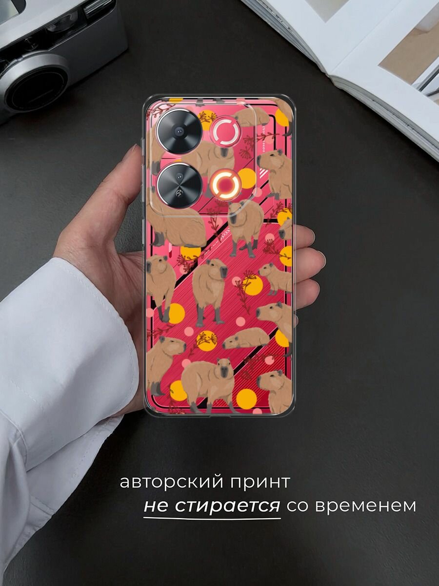 Чехол на Itel P65 / Ител P65 с принтом "Капибара паттерн", прозрачный — фото 1