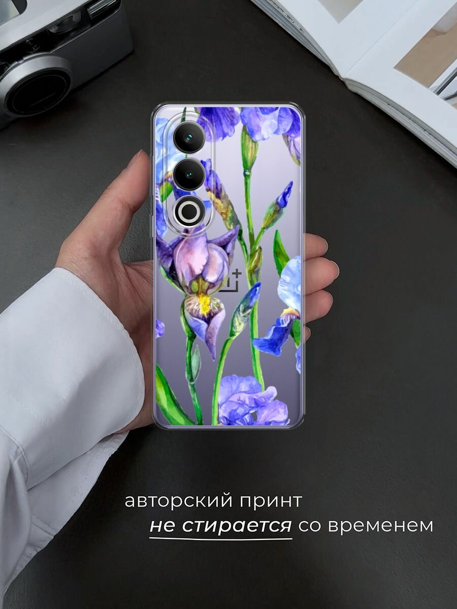 Чехол на Oneplus Ace 3V / Ван Плас Эйс 3V с принтом "Синие ирисы", прозрачный — фото 1