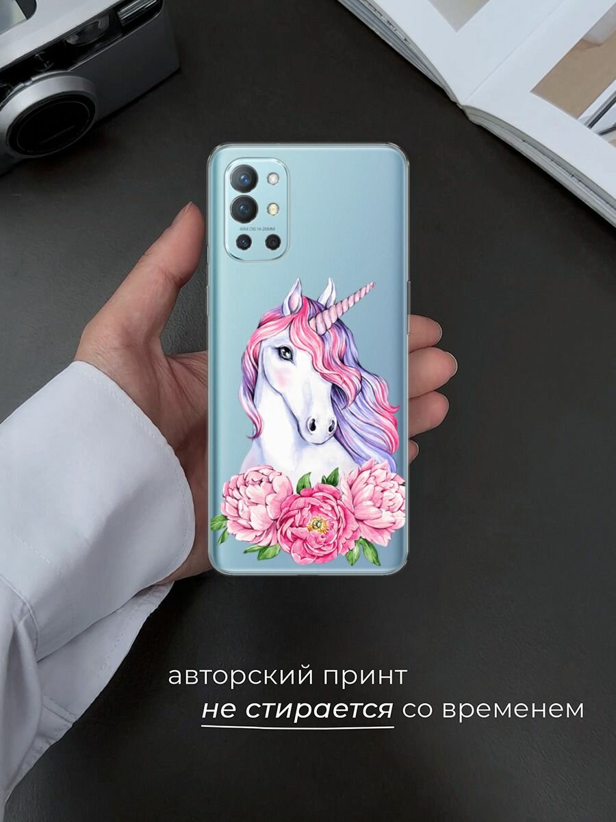 Чехол на OnePlus 9R / ВанПлас 9R с принтом "Единорог с пионами", прозрачный — фото 1