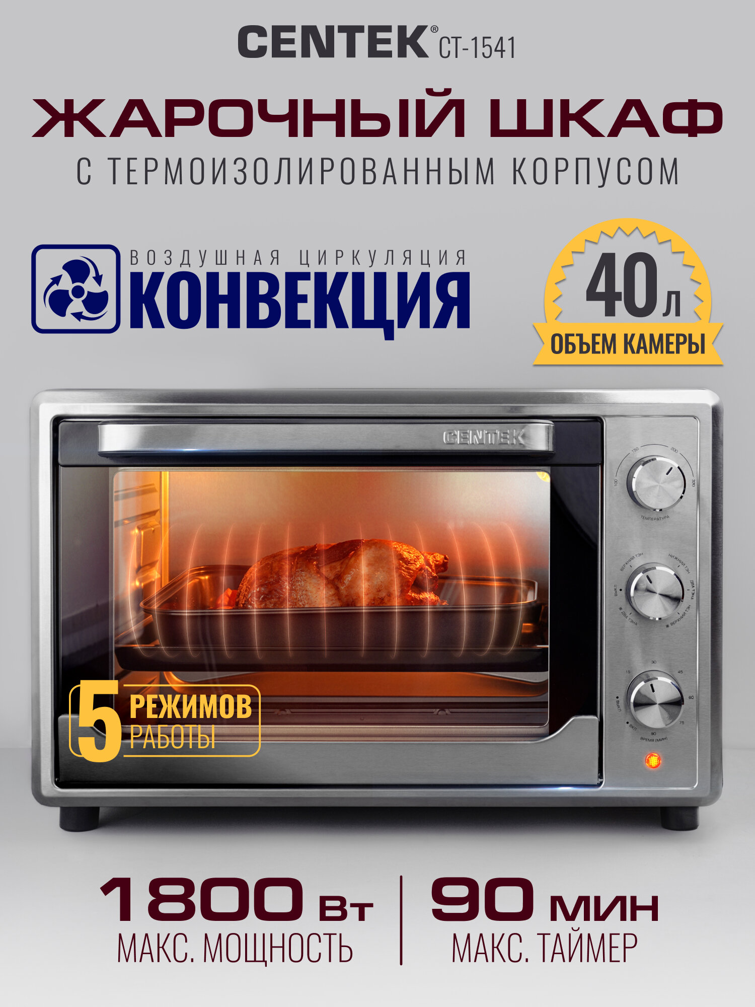 Мини-печь Centek CT-1541 с функцией конвекции и двойным стеклом