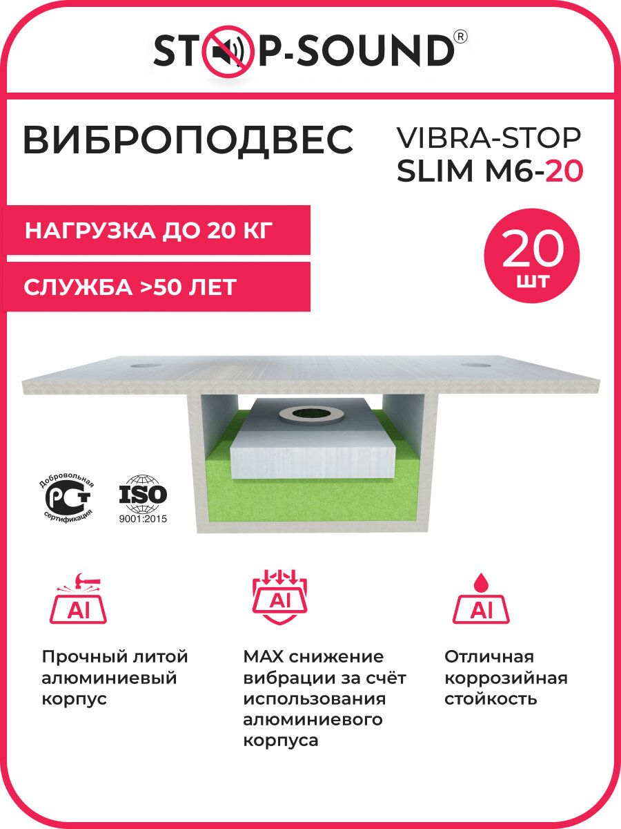 Виброподвес SLIM M6-20, AL корпус, эластомер, для потолка и оборудования, до 20кг, 20 штук