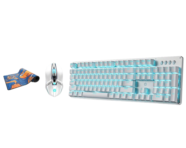 Клавиатура и мышь набор HP gk100 silver white+m1 gaming mouse, Ice blue light [black axis] + punk mouse pad