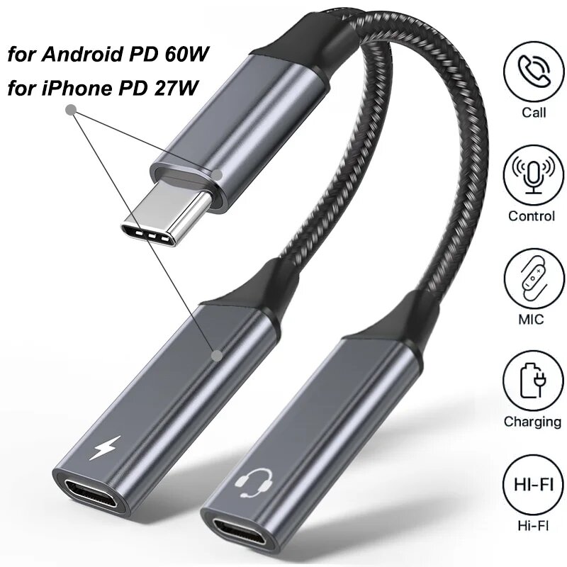 2 в 1 1 1 USB Type C на 3,5 мм адаптер для наушников аудио Aux jack PD 60 Вт кабель Type-C Adapter