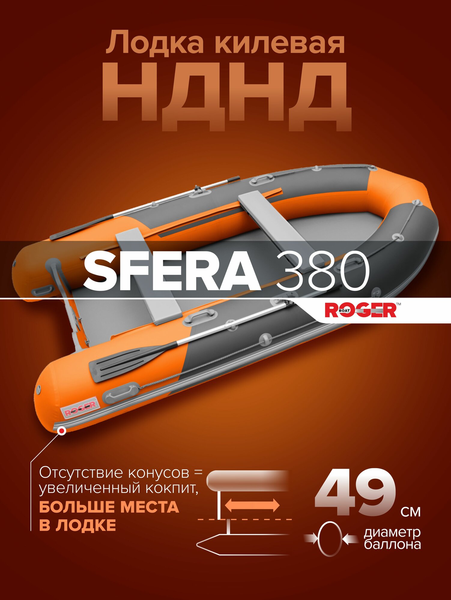 Лодка надувная ПВХ под мотор ROGER Sfera 380, лодка роджер НДНД с ковриком призма (графит-оранжевый)