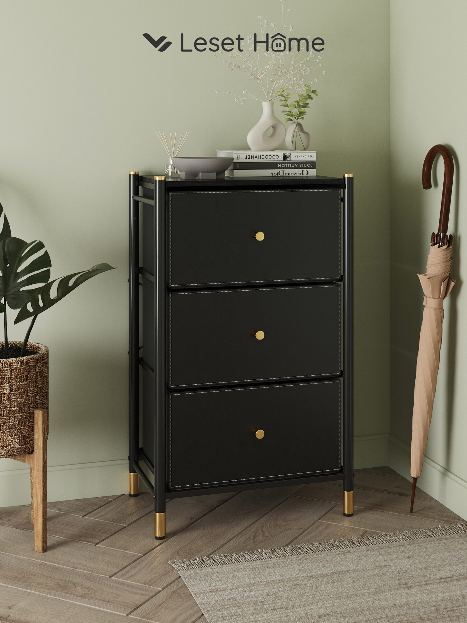 Комод Leset Нирита 3 ящика, комод в гостиную, спальню, прихожую, каркас металлический Чёрный, фасад экокожа
