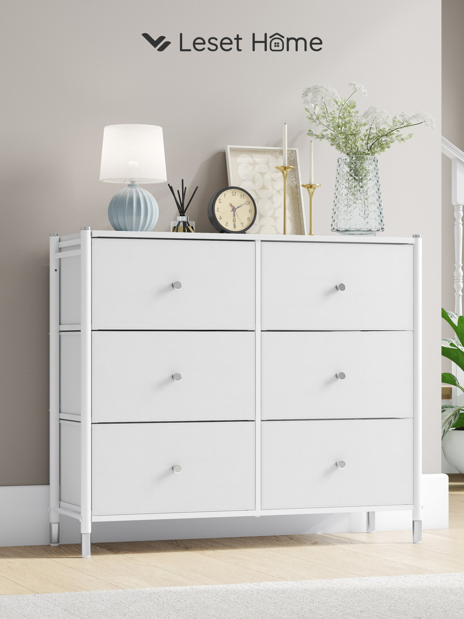 Комод Leset Нирита, комод в спальню 6 ящиков, комод в прихожую, гостиную, каркас металлический Белый, фасад экокожа