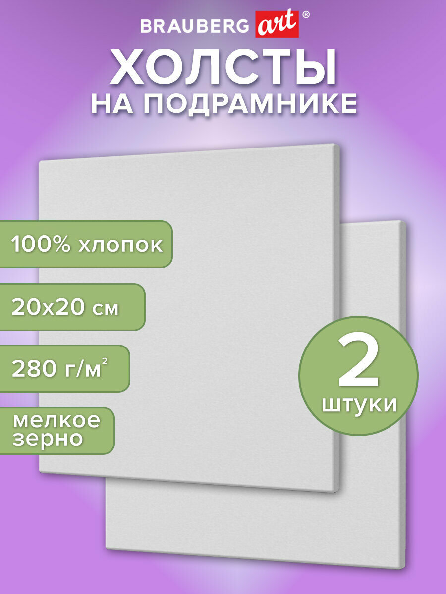 Холст для рисования на подрамнике 20х20см грунтованный набор 2 шт, 280 г/м2, 100% хлопок, мелкое зерно, Brauberg, 192670