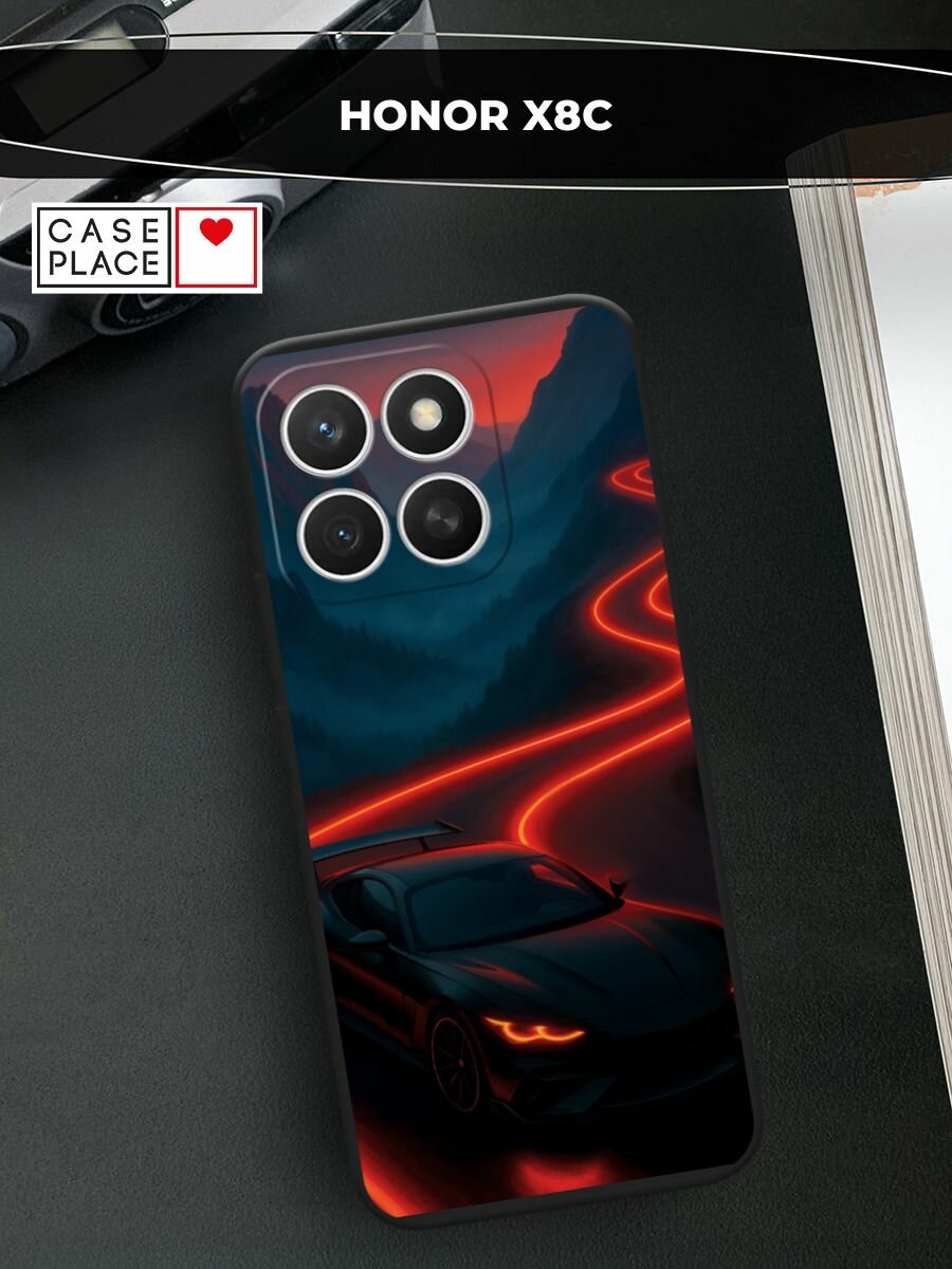 Черный матовый чехол на Honor X8c / Хонор X8c с принтом Красные следы от машины