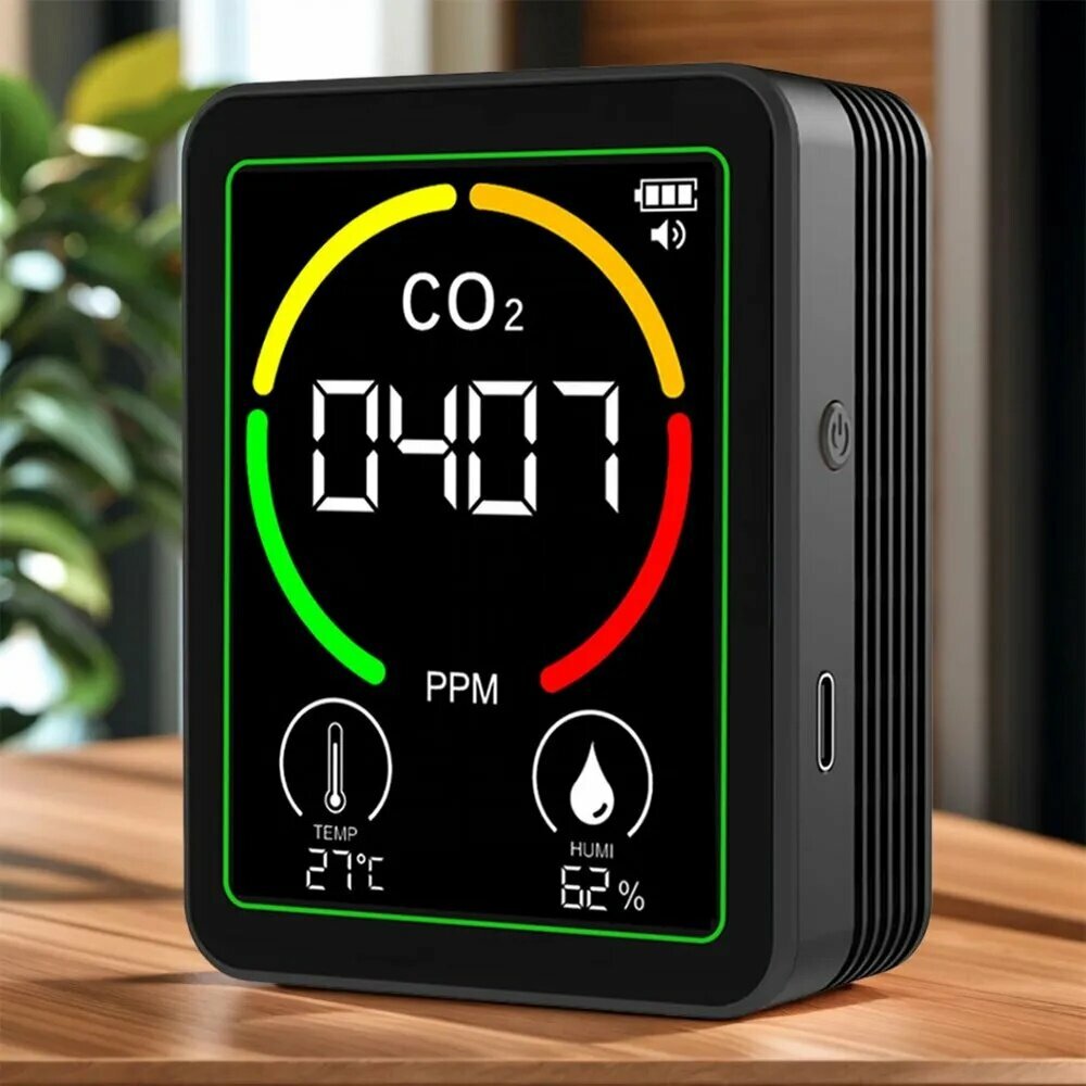 Детектор CO2 с датчиком температуры и влажности Портативный измеритель концентрации углекислого газа с цветным дисплеем, термометром и гигрометром для дома и офиса