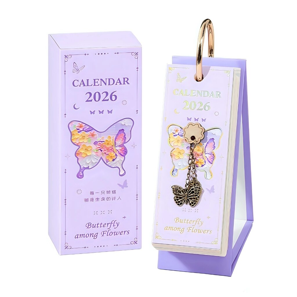 Художественный календарь на 2026 год с металлической бабочкой-подвеской, настольный ежедневный календарь для украшения домашнего офиса
