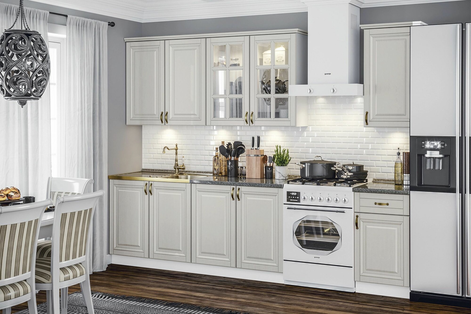 Кухня Престиж 2,0/900м (490) Компоновка №3 (Браш Лайт Грей, Белый (Кастилло темный))