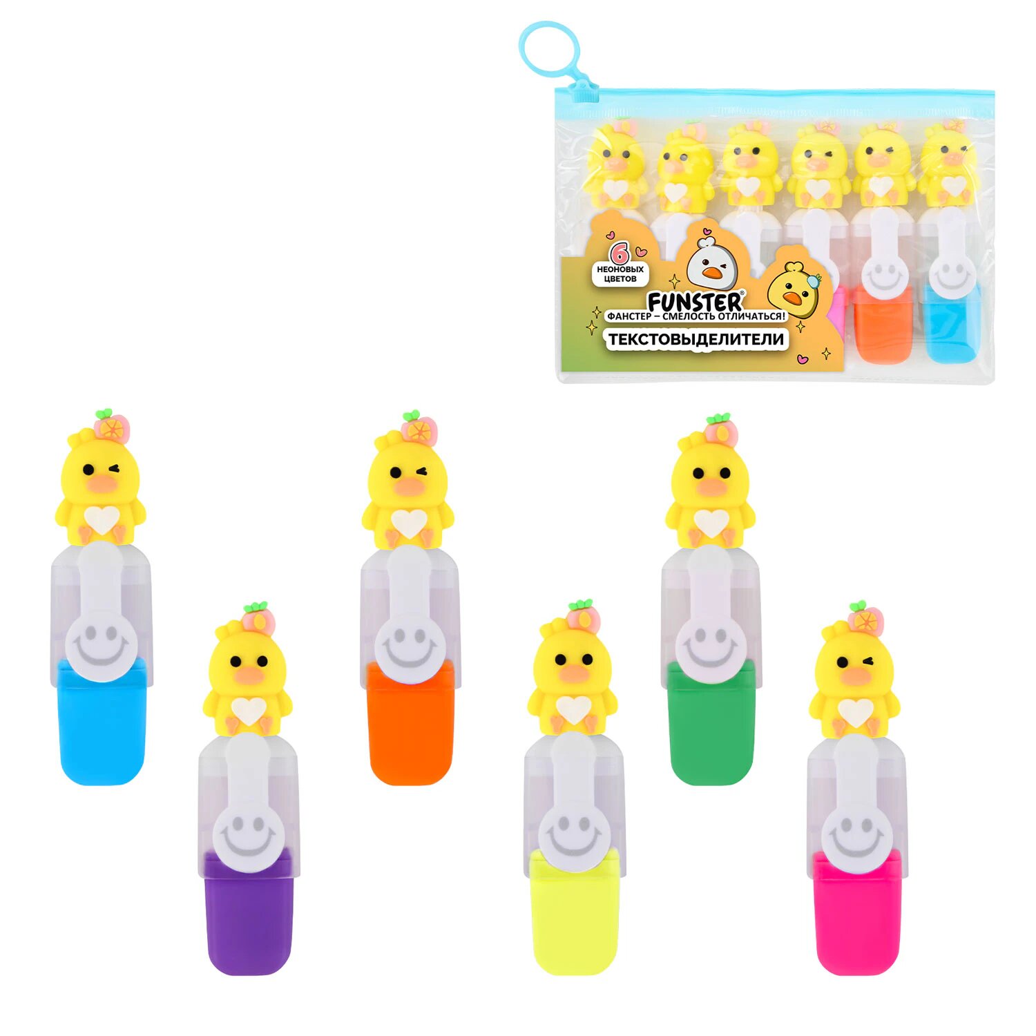 Набор текстовыделителей с топперами 6 цветов неон, "нежные цыплята", линия 1-4 мм, FUNSTER (фанстер), 152648