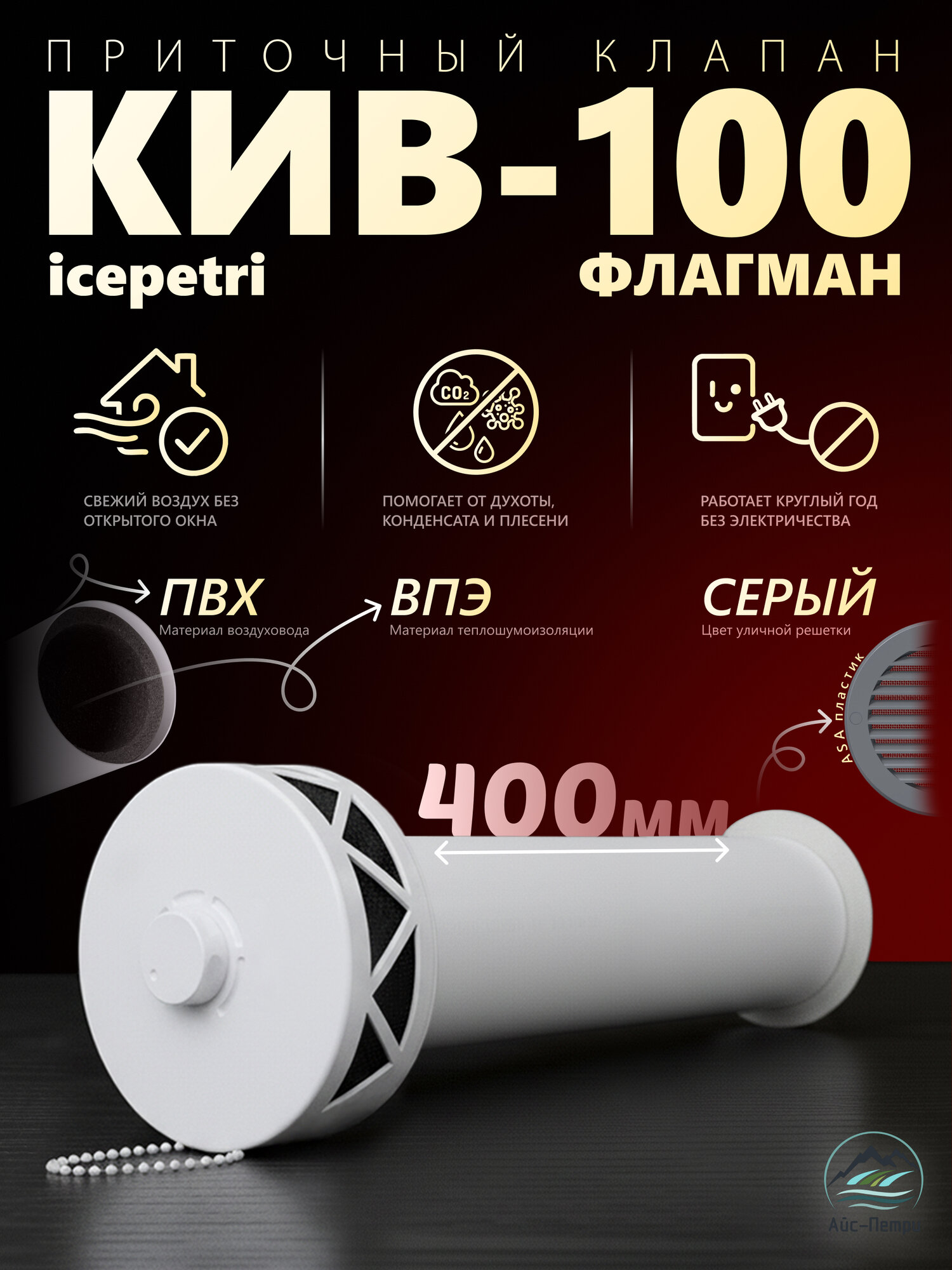 Приточный клапан КИВ-100 флагман 400 ПВХ серый