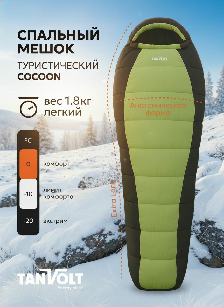 Спальный мешок кокон туристический теплый с капюшоном