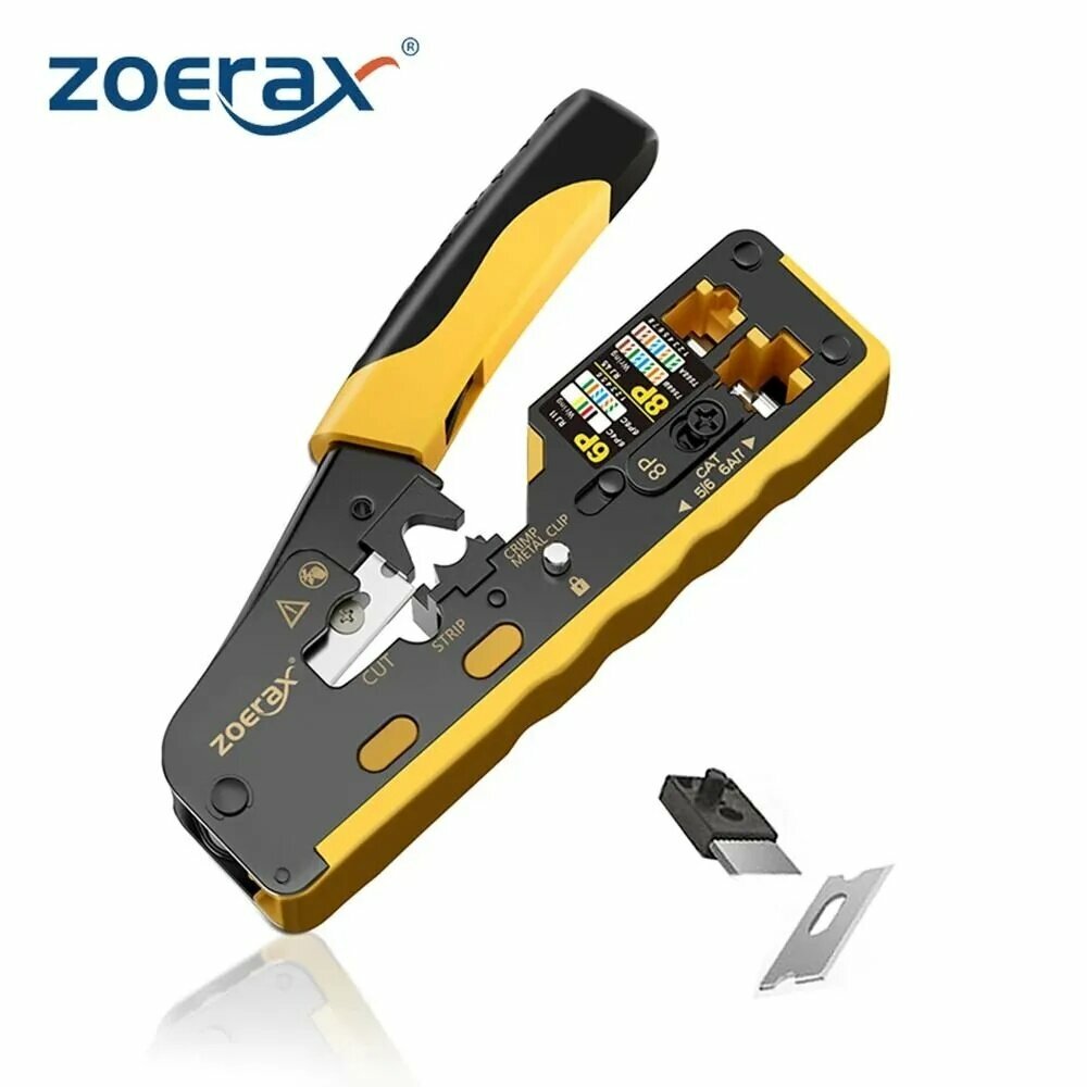ZoeRax Обжимной инструмент RJ45 для разъемов Ethernet Cat7, Cat6a, Cat6 Cat5e, Кусачки для проводов, Щипцы для обжима Ethernet со сменным лезвием