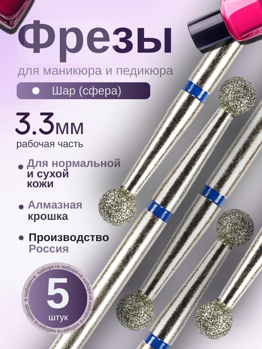 Набор алмазных фрез для маникюра и педикюра Astial, 5 штук, форма "шар", синяя, 806.104.001.524.033