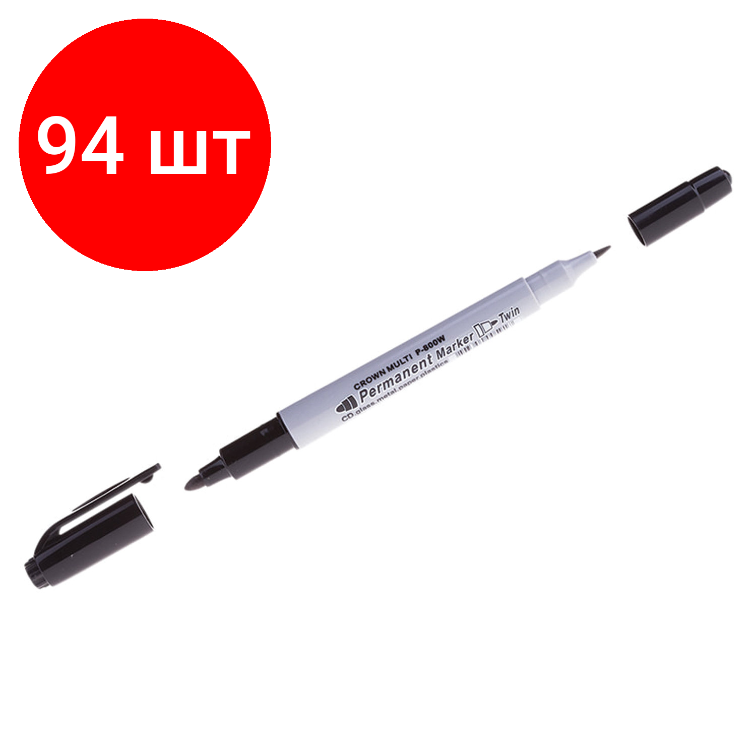 Комплект 94 шт, Маркер перманентный CROWN двусторонний "Multi Marker Twin", черный, скошенный наконечник, 2 мм/1 мм, P-800W