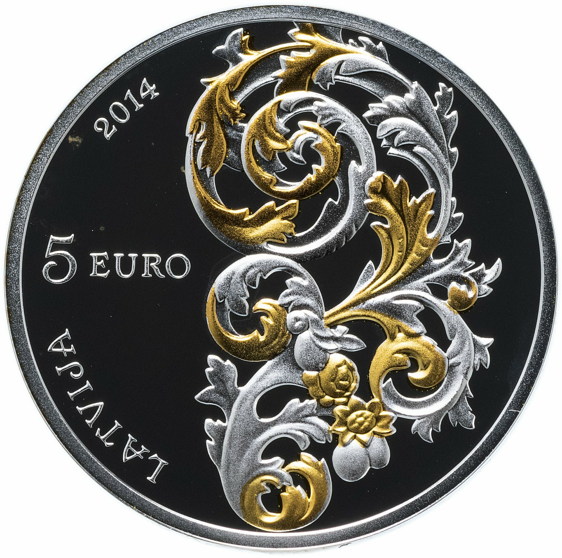 Латвия серебряные 5 евро 2014 Proof "Курземское барокко серебро"
