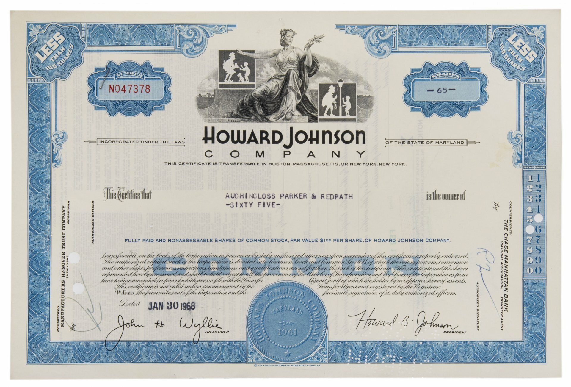 Акция США Howard Johnson company 1968 г