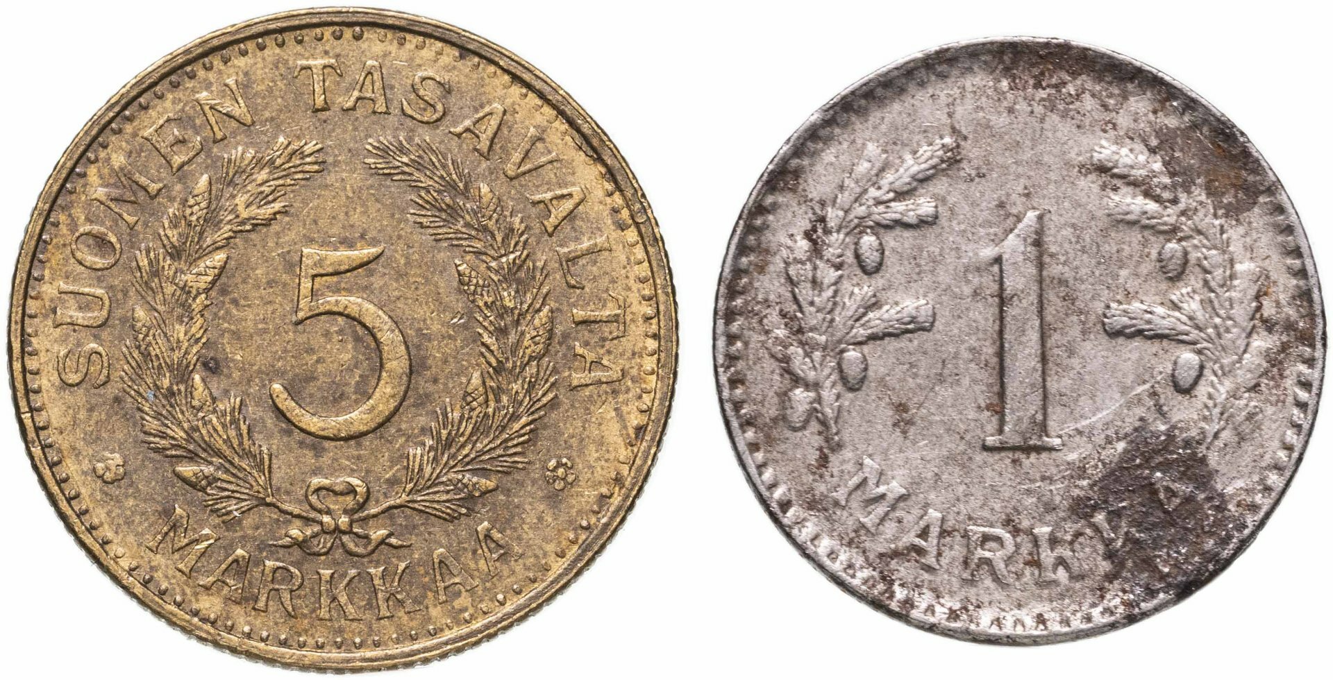 Финляндия годовой набор монет 1 и 5 марок 1949, Железо, Латунь, в сохранности VF-XF