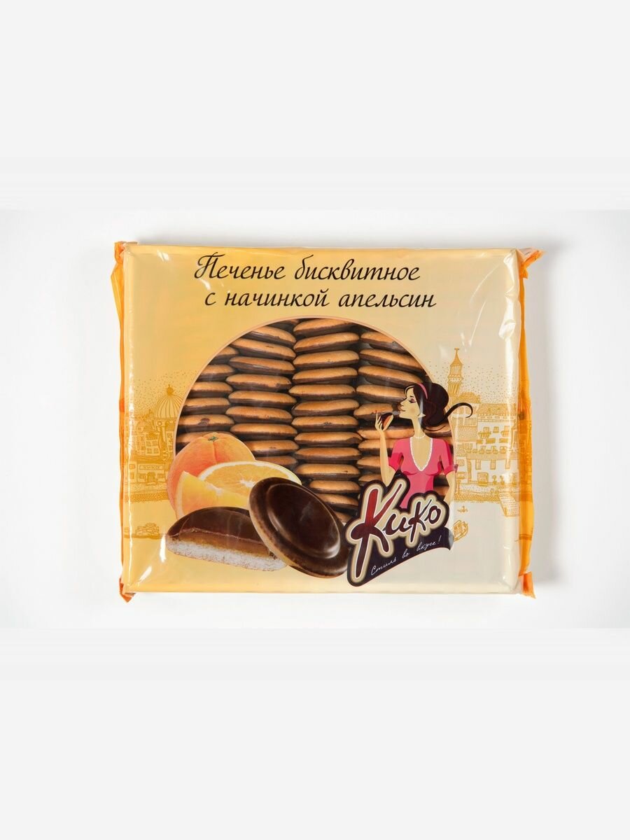 Бисквитное печенье кико в темной глазури с начинкой апельсин, 600 гр.