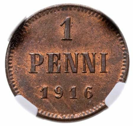 Российская Финляндия 1 пенни 1916 в слабе DNC MS63RB, Медь