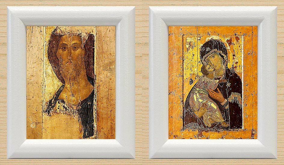 Венчальная пара "Спас Вседержитель (Андрей Рублев, 1410 г) - Владимирская икона Божией Матери (XII в)", две иконы в белых деревянных рамках 8*9,5 см