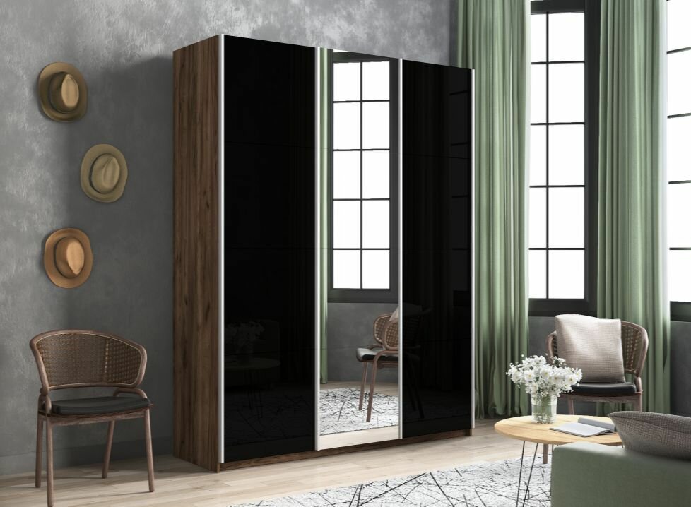 Шкаф-купе Билли 3-х дверный, (Зеркало/2 Стекла черн.) 180х57х230 см. Крафт табачный