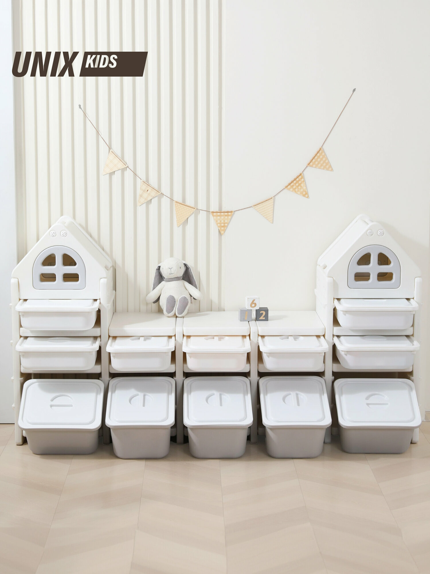 Стеллаж для игрушек Монтессори UNIX Kids Grey 12 ящиков, напольный, с корзинами, пластиковый, в детскую для хранения