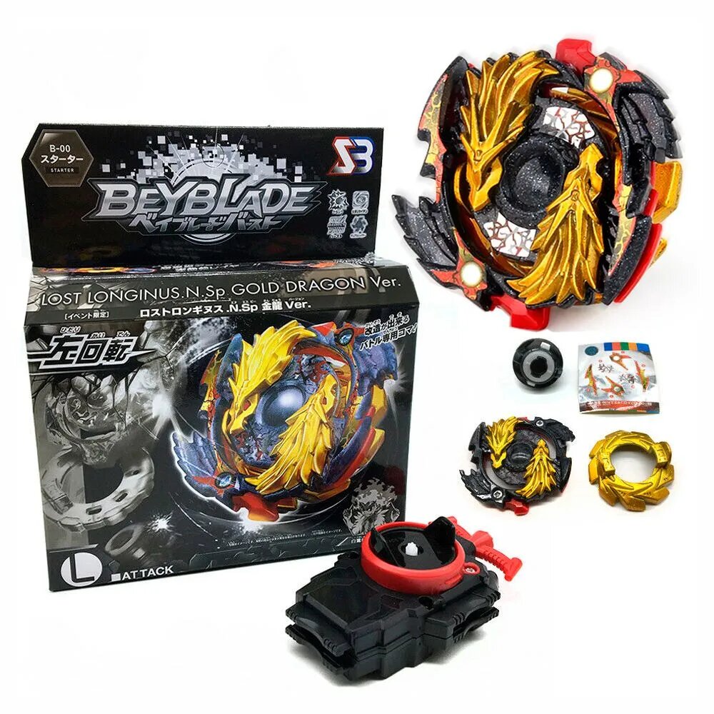 Волчок Бейблэйд "Луйнор золотой дракон (Lost Longinus Gold Dragon)" модель B-01 с пусковым устройством и рукояткой, игрушка для детей бейблейд, блейды, блэйд бёрст