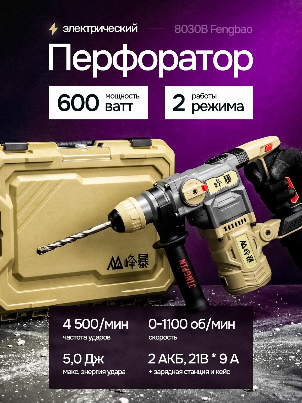 FENGBAO Перфоратор FB-8030, бесщеточный, 21 В, 2 АКБ 6 Ah, в кейсе