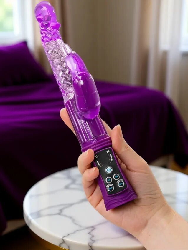 Вибратор Toy Joy с клиторальным стимулятором, 8 режимов. TPR, фиолетовый, 24 см (в пакете)