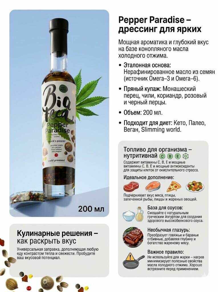 Pepper Paradise дрессинг масло Conoply холодного отжима, кориандра, монашеского, розового, черного и чили перцев
