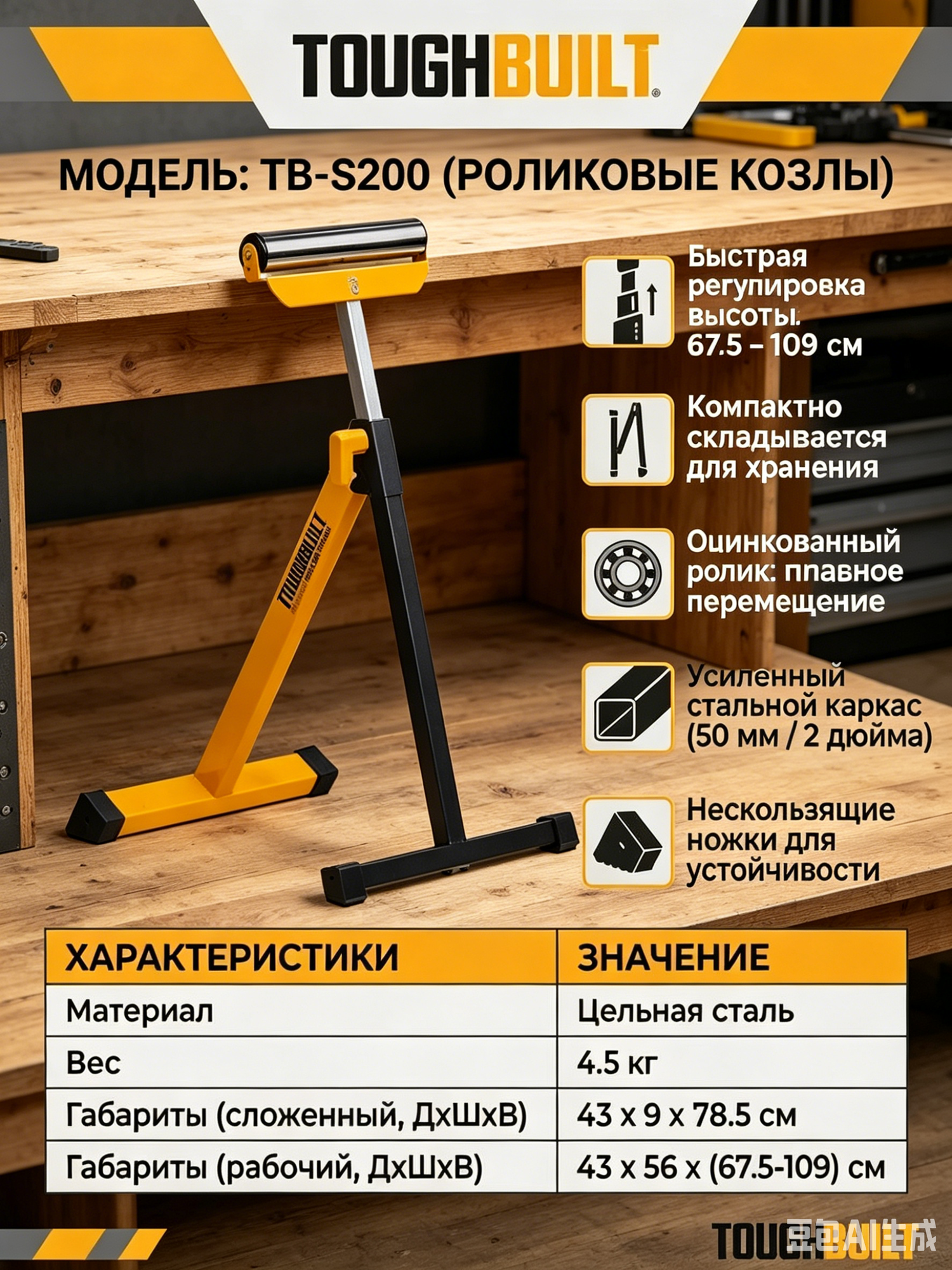 Козлы строительные складные Роликовая опора TOUGHBUILT TB-S200, складная подставка для станков, высота 67.5-109 см