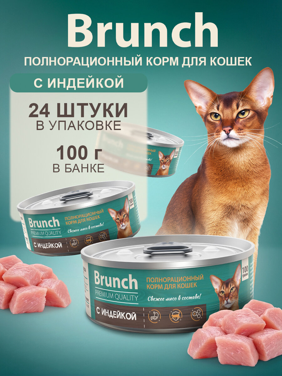 Корм для кошек влажный полнорационный Brunch c индейкой, 100г х 24 шт.