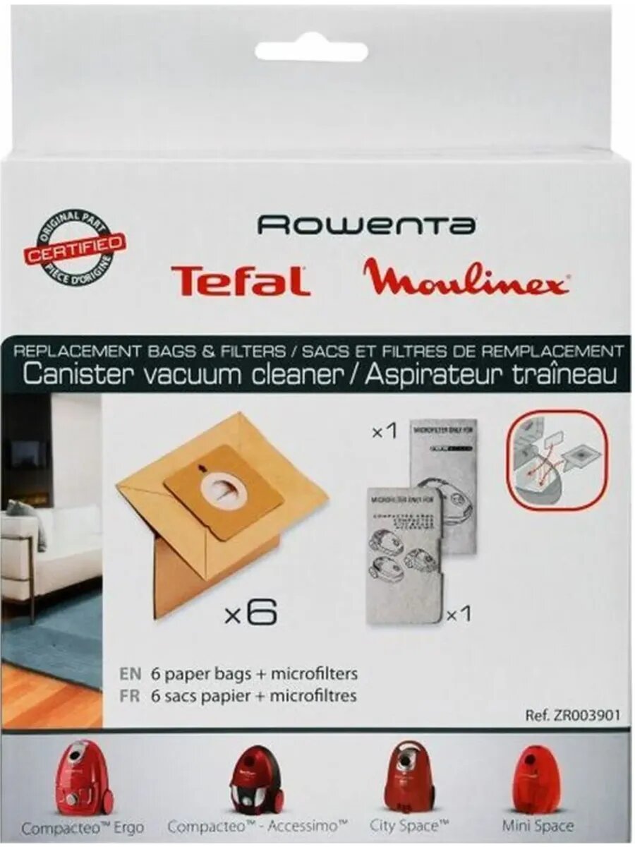 Мешки для пылесоса Tefal 6 Paper Bags ZR003901одноразовые. совместимость с пылесосом Tefal: TW24./TW26. 6 штук